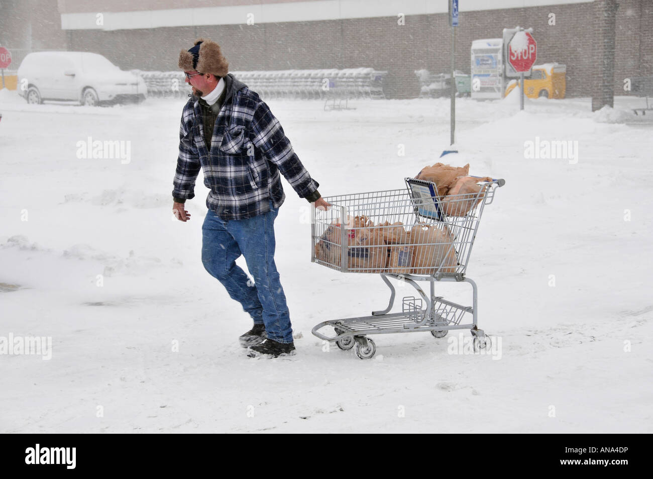 Grocery shopping during a winter snow storm during the Winter season in ...