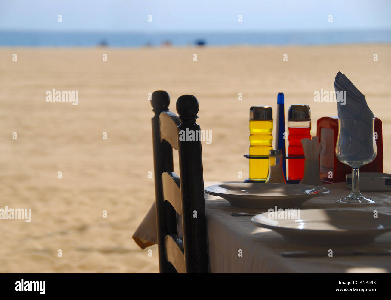 beach table setting, resturant, Barcelona Spain Stock Photo - Alamy
