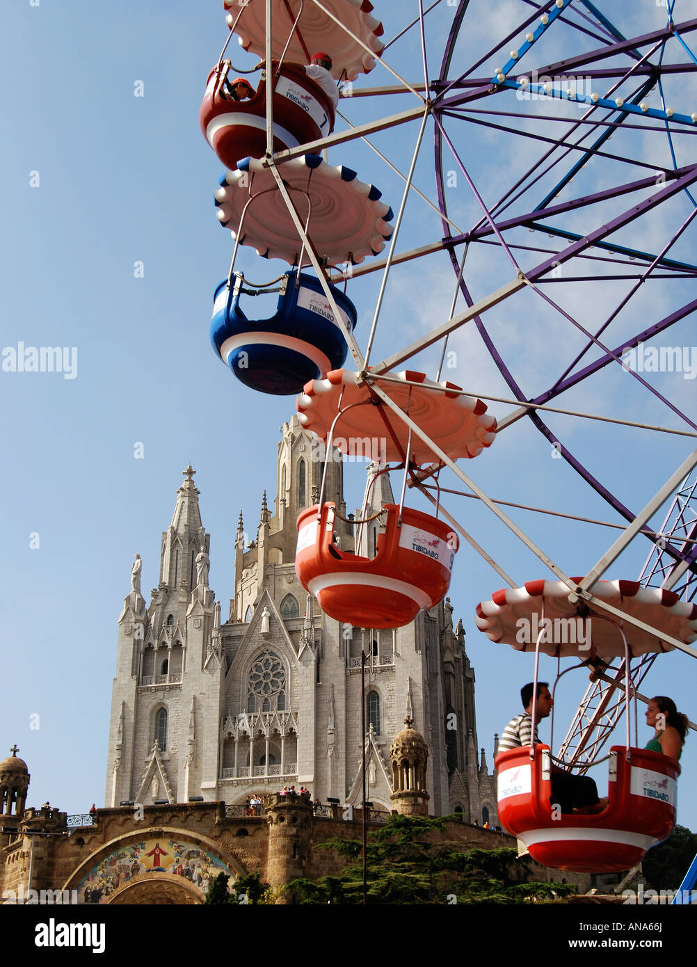 Ferris wheel, Tibidabo Funfair, Barcelona Spain, Temple Expiatori del ...