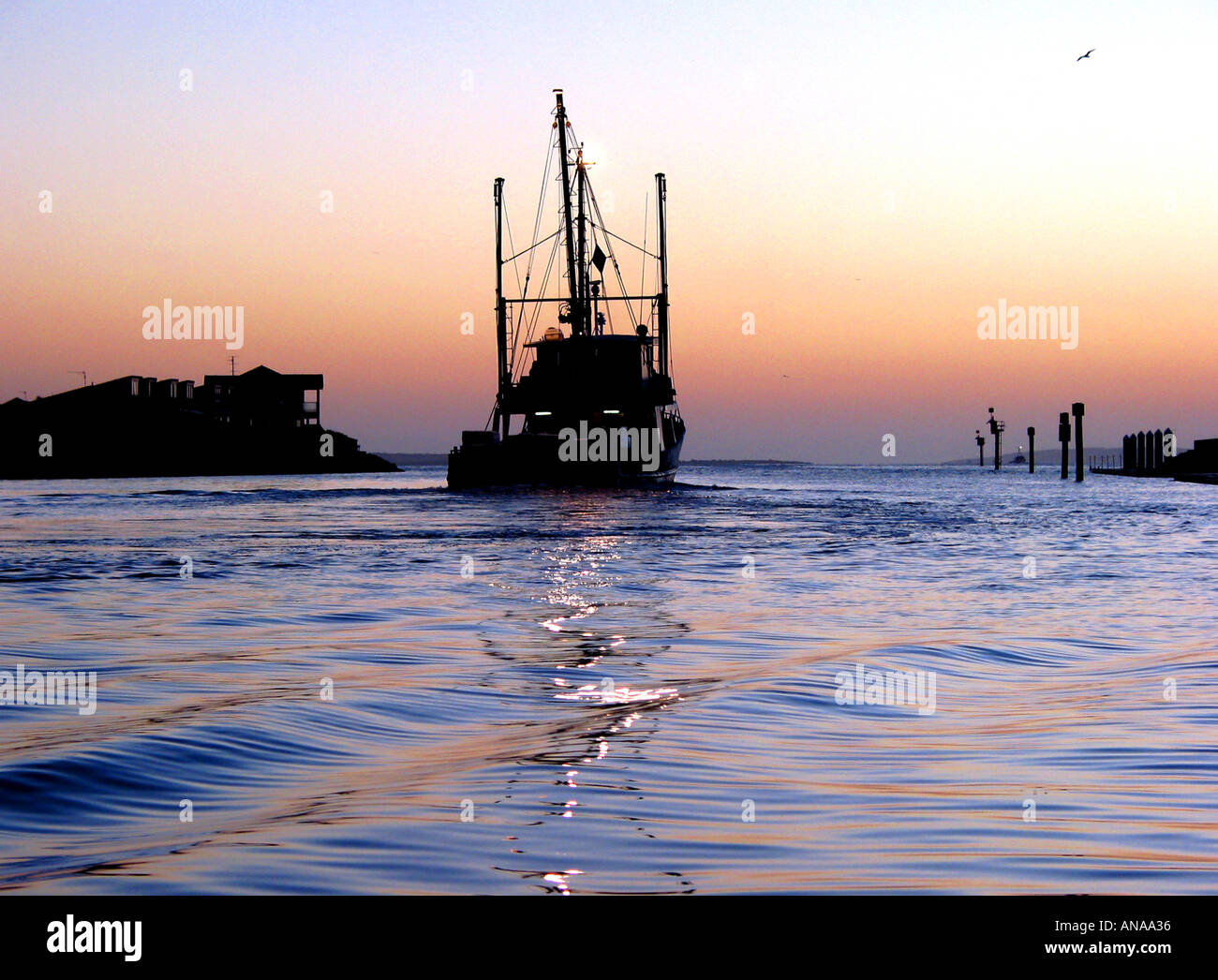 Boat heading out to sea at dawn Stock Photo - Alamy