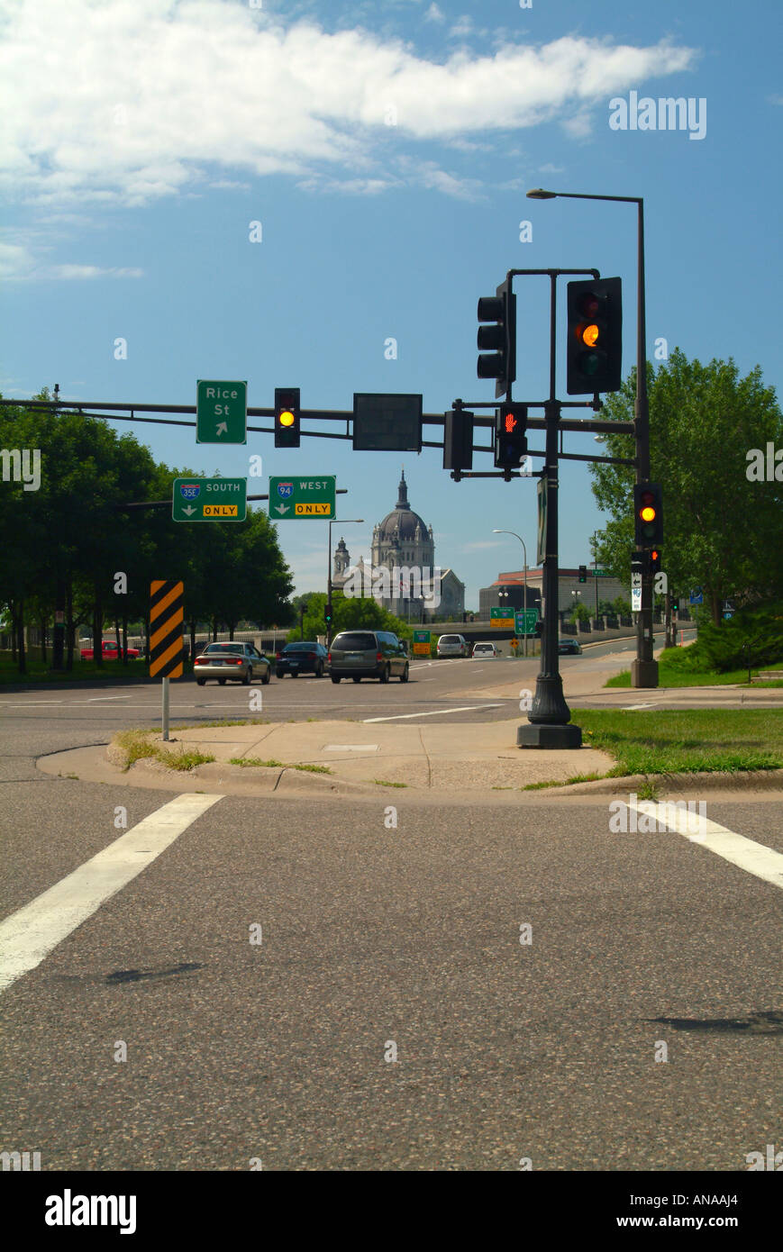 Busy Junction with Traffic Light Gantry and Interstate Signs with St ...