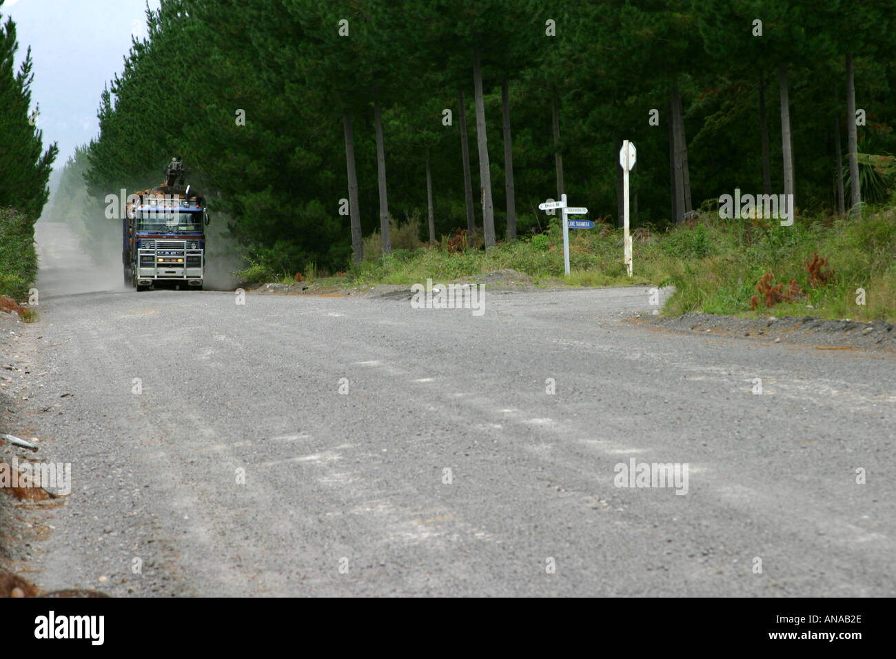 logging truck on a long dusty Tarawera Road North Island New Zealand ...