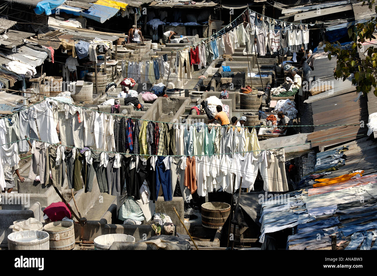 Hanging washing dries at the open air laundry at Dhobi Ghat, Mumbai ...