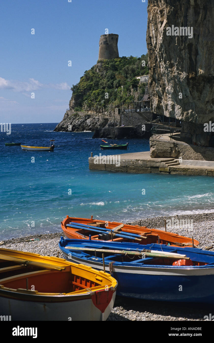 Italy Campania Amalfi Coast Vallone di Praiano harbour beach fishing ...