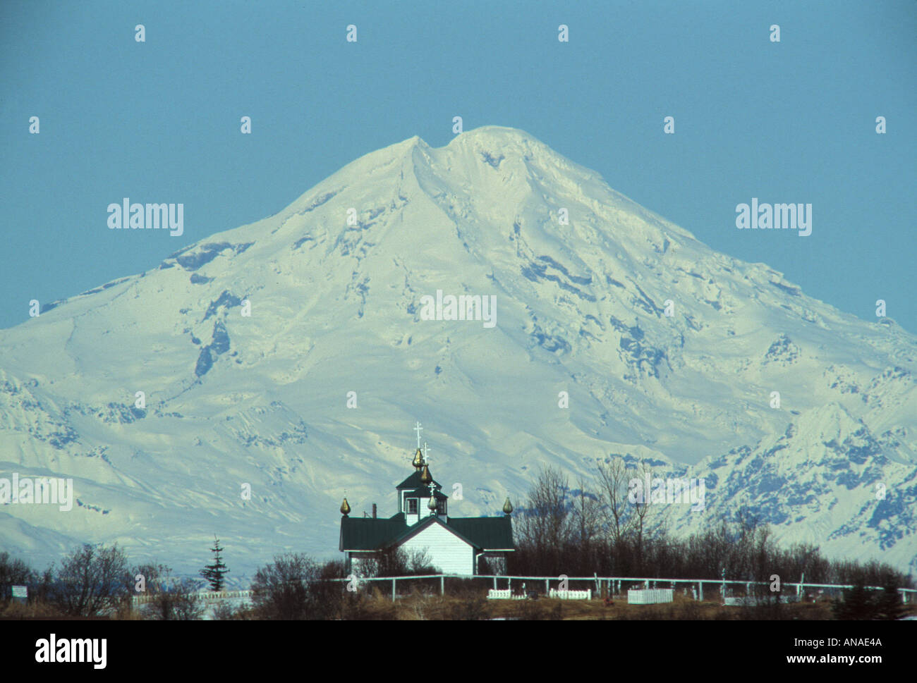Russian Orthodox Church in front of Redoubt Volcano Cook Inlet Kenai ...