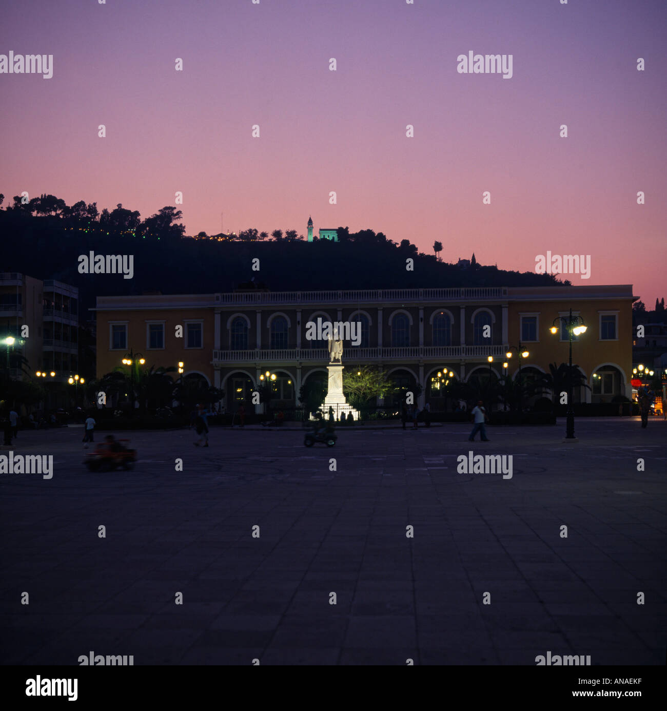 Dusk over Platia Solomu with Statue of poet Solomos lit up museum ...