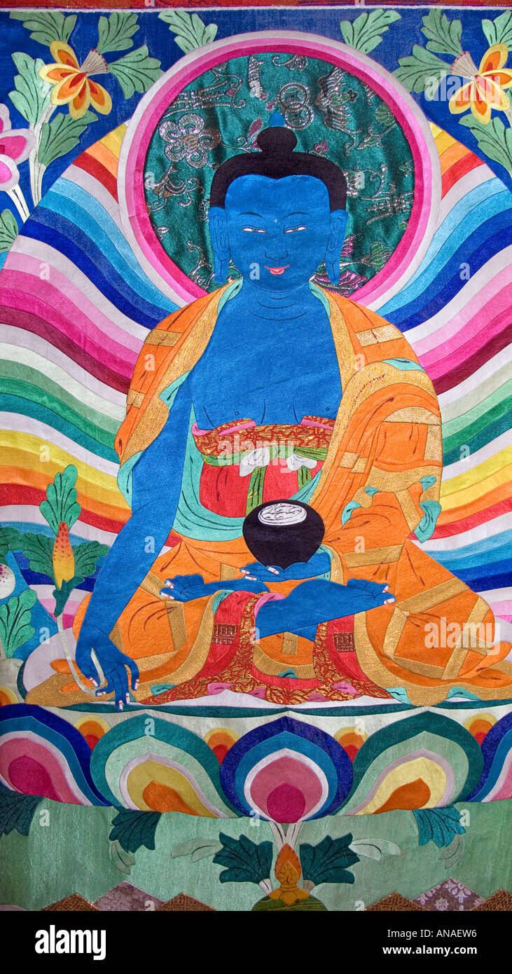 Modern Buddhist textile thanka style hanging crafted from small pieces ...