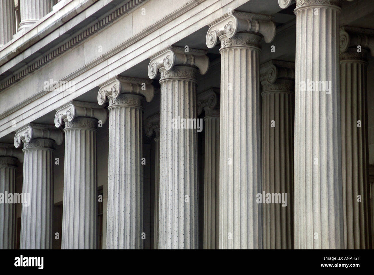 Architectural detail of columns in Wall Street area of New York in the ...