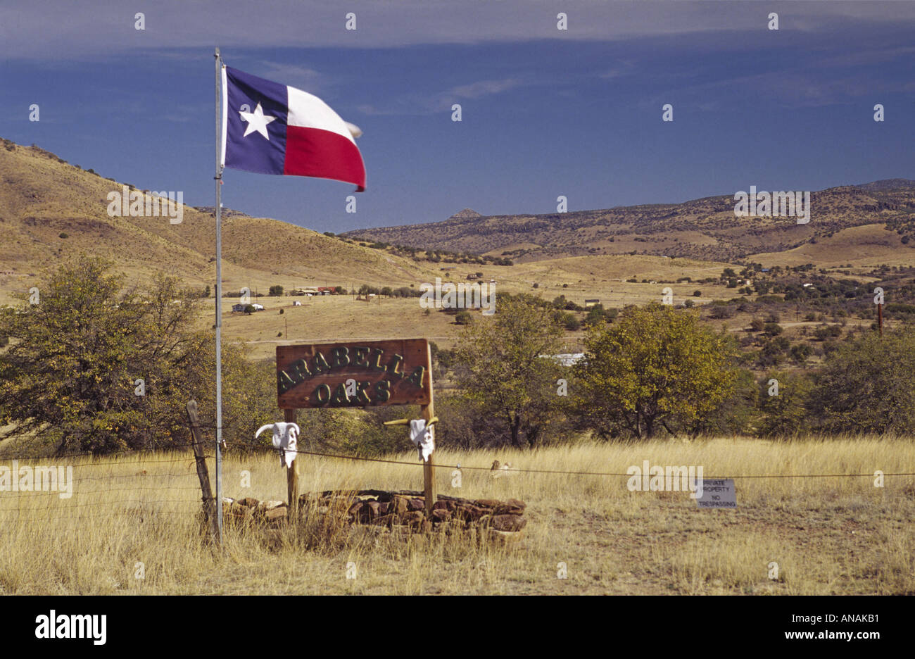 Texas flag and sign near ranch entrance, Davis Mountains, Texas, USA ...