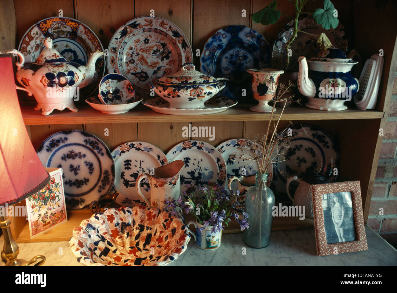 Close up of collection of antique china plates and teapot on shelves ...