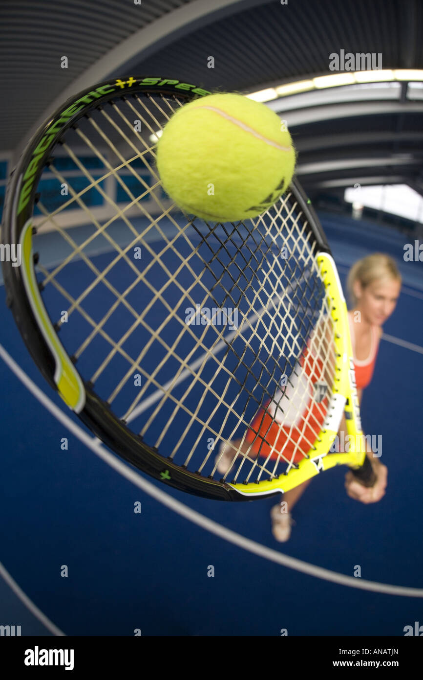 Tennis ball hitting racket close up hi-res stock photography and images ...