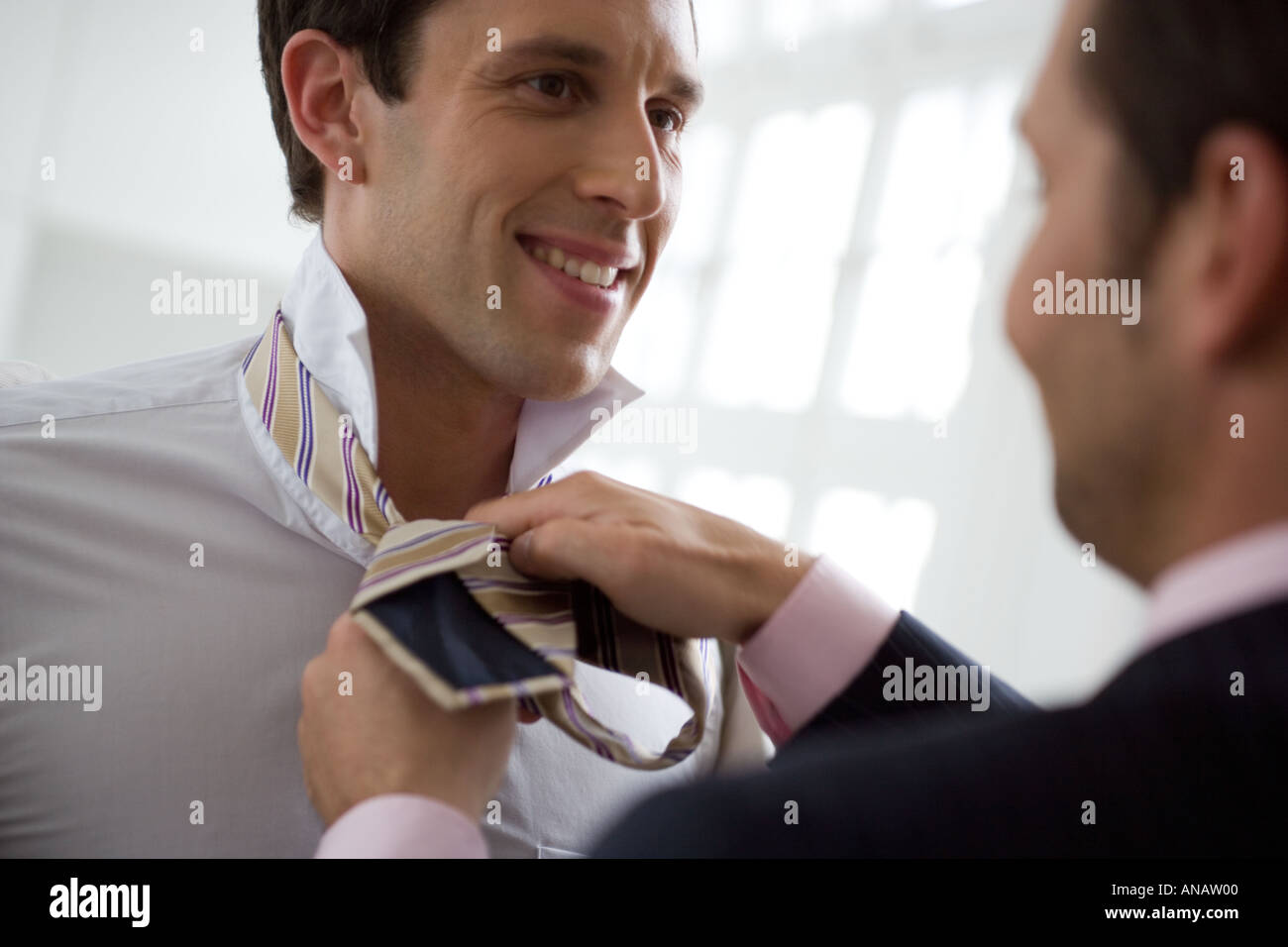 man helping his friend to tie his tie Stock Photo - Alamy