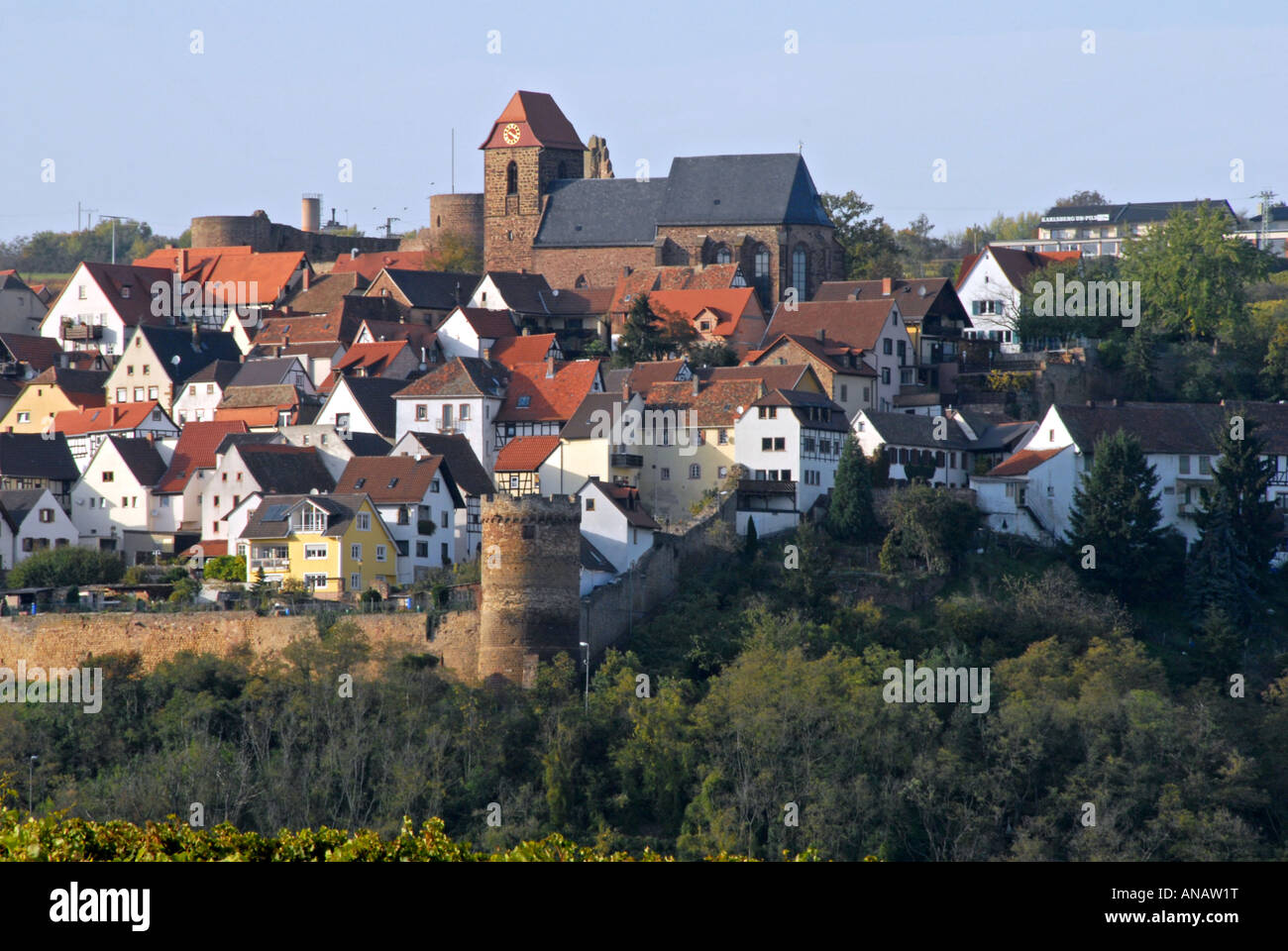 view of Neuleiningen with city wall and towers, Germany, Rhineland ...
