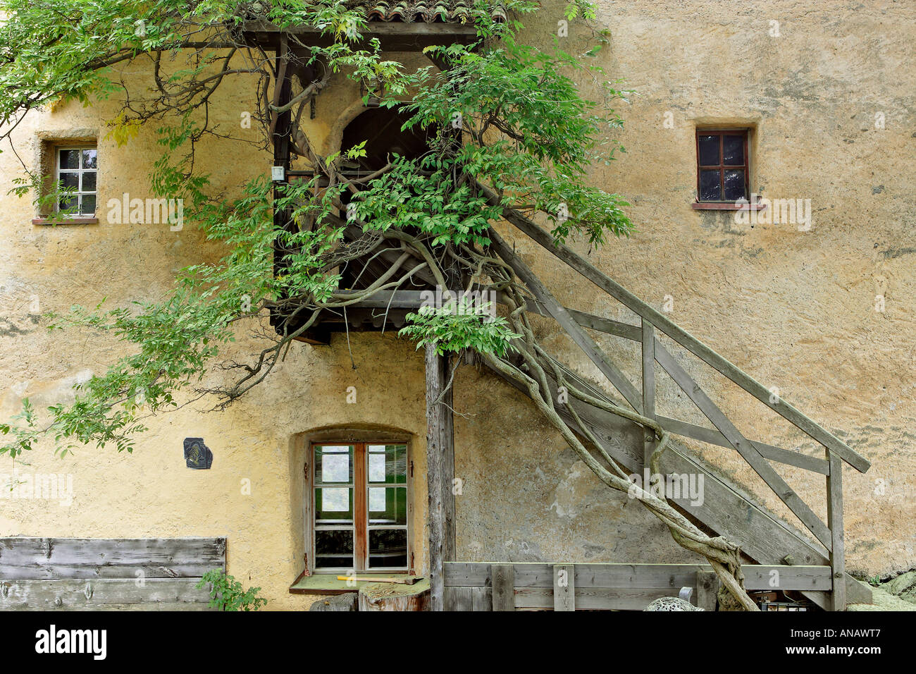 Old wooden staircase in the Messner mountain museum on the castle Juval ...