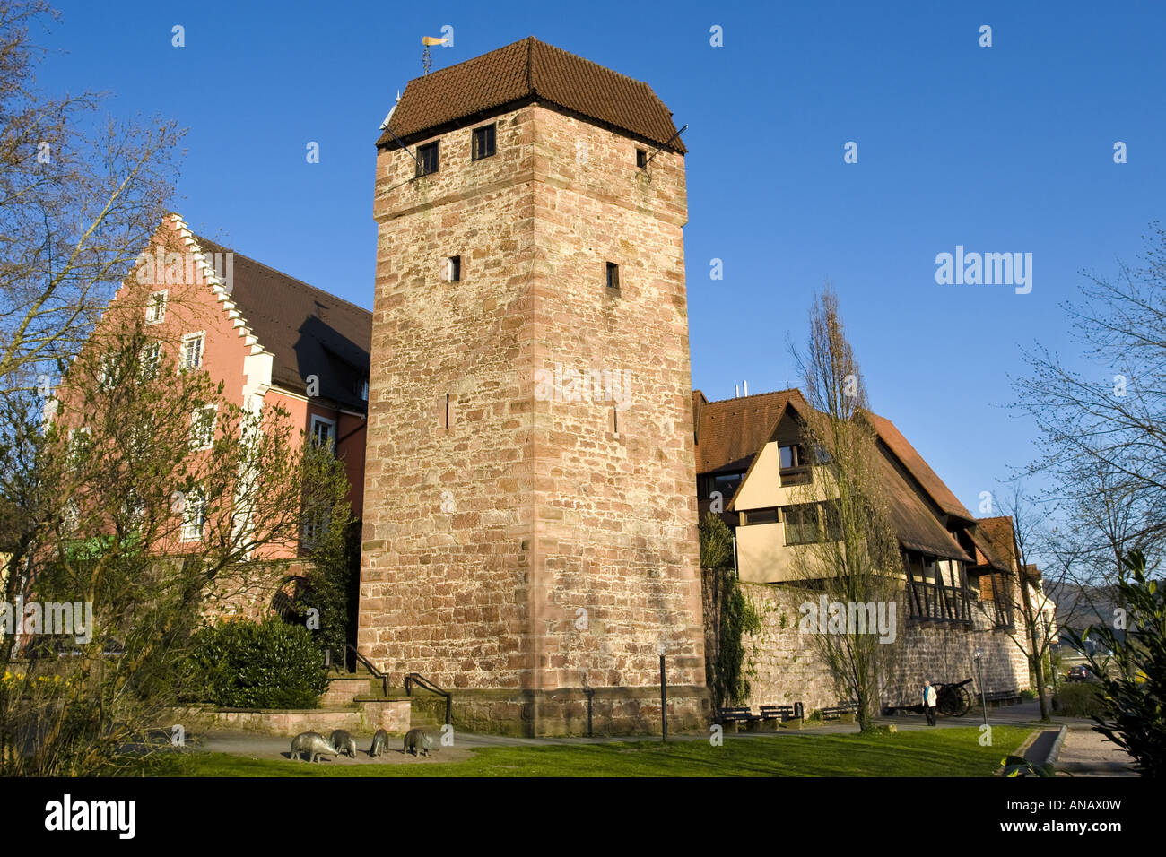 medieval town tower, Germany, Baden-Wuerttemberg, Odenwald, Eberbach ...