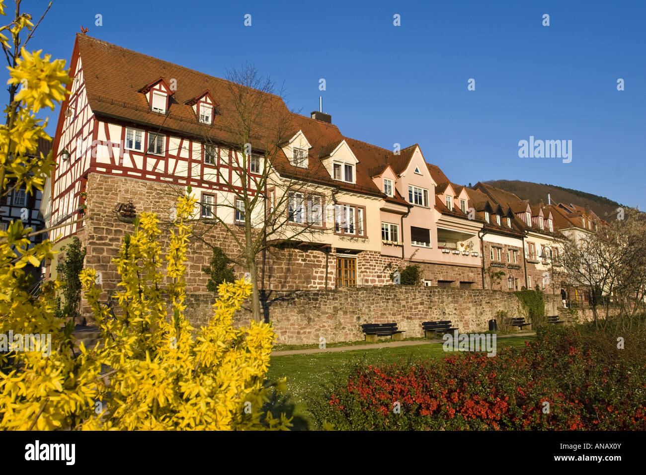 row of old houses in Eberbach, Germany, Baden-Wuerttemberg, Odenwald ...