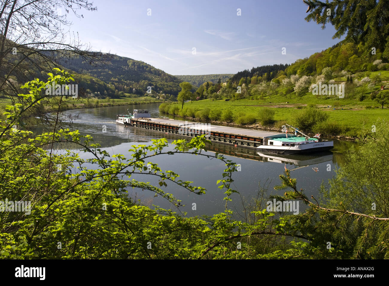 river scenery with ship in spring, Neckar, river of Neckar near ...