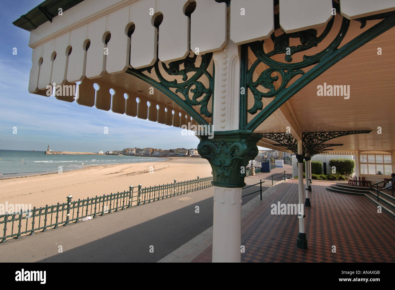 The deserted seafront at Margate, Kent, seen from a Victorian promenade ...