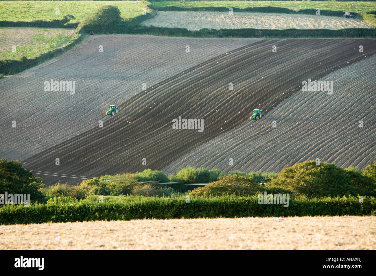 Two tractors at work in fields in Cornwall Stock Photo - Alamy