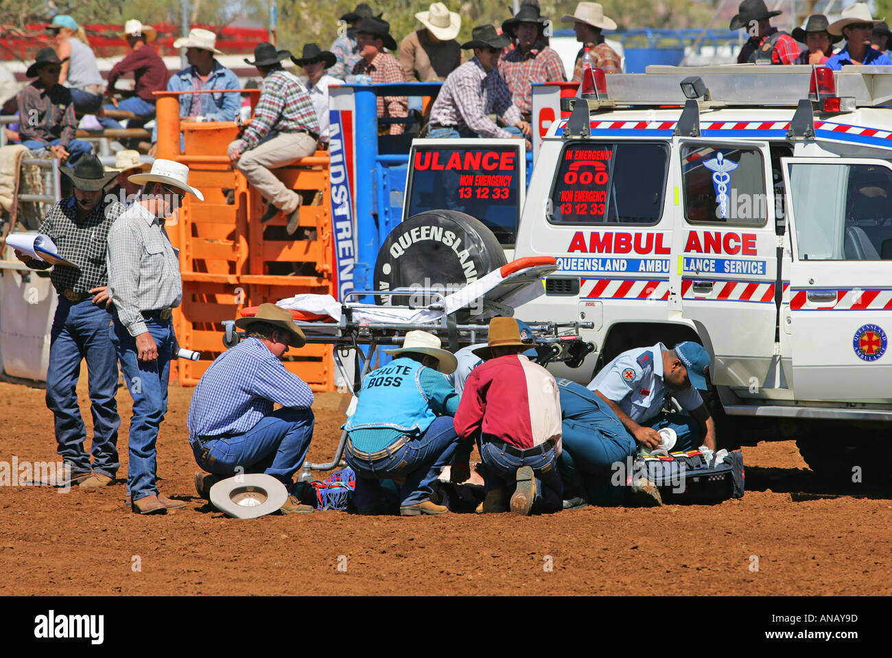 Ambulance and hurt cowboy, Mt Isa rodeo Stock Photo - Alamy