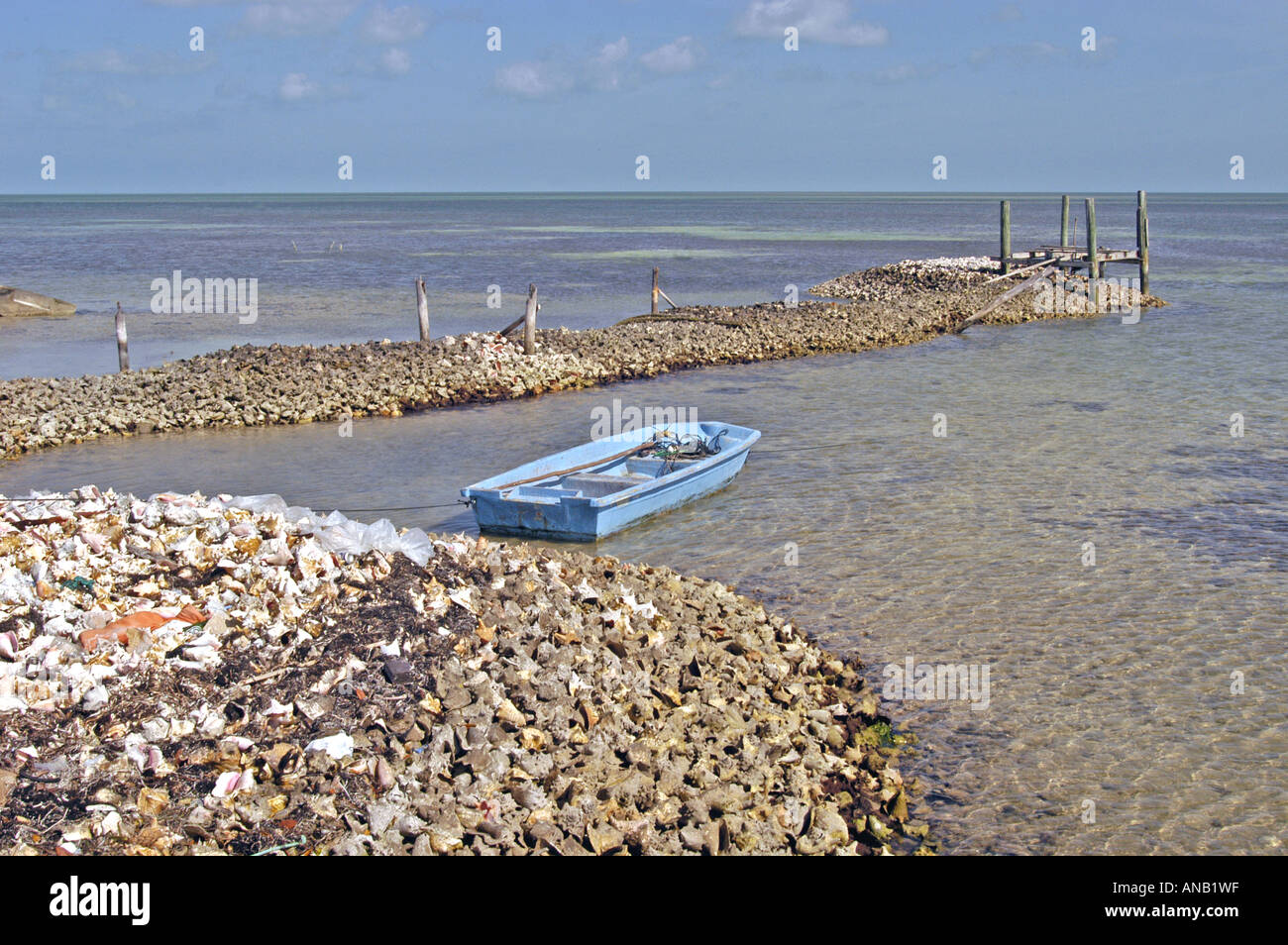 Bahamas Bahamian mounds of conch shells old blue boat Stock Photo - Alamy