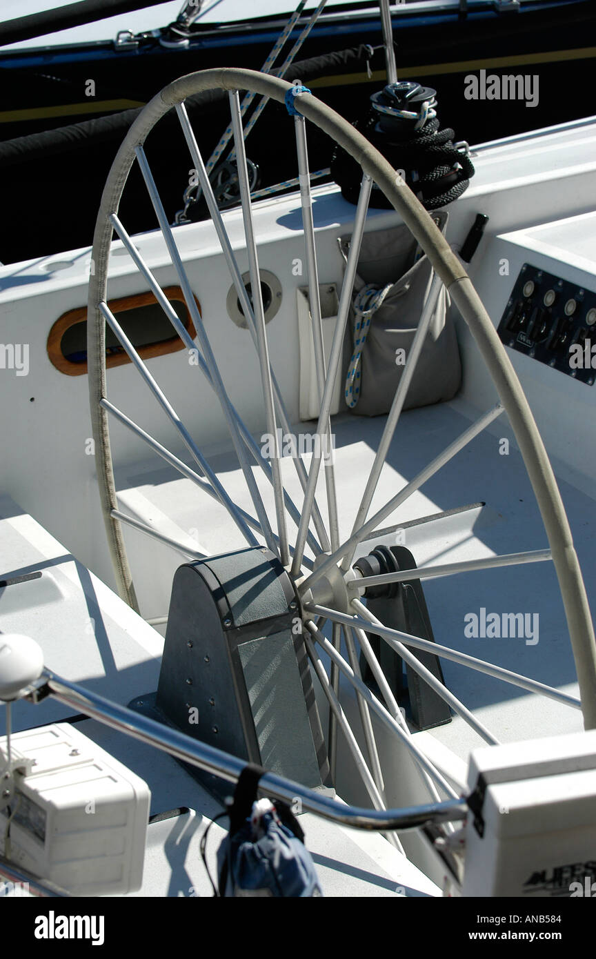 Steering Wheel of a Sailboat Stock Photo - Alamy