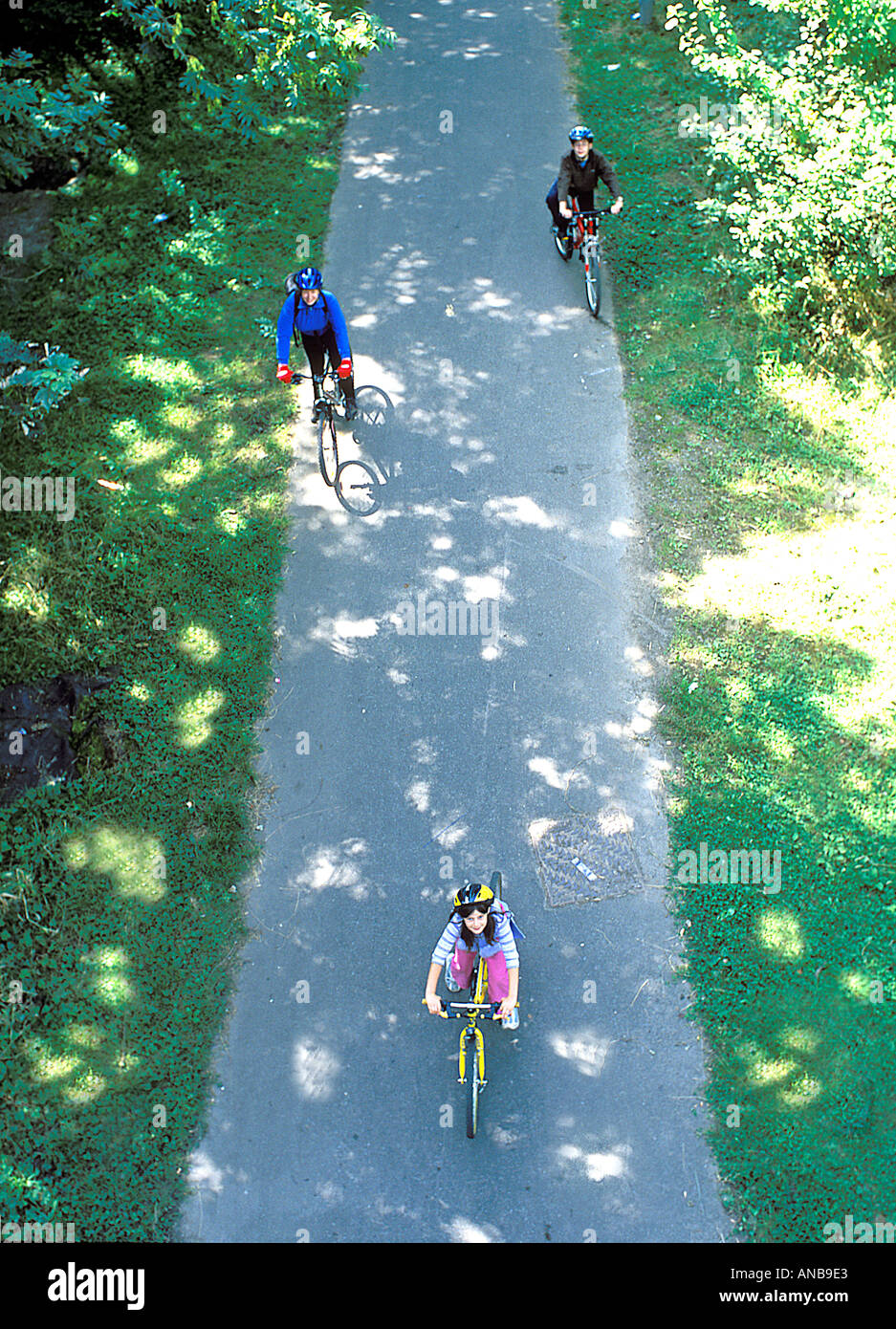 Aerial view of a family of cyclists on a sun speckled path in the UK ...