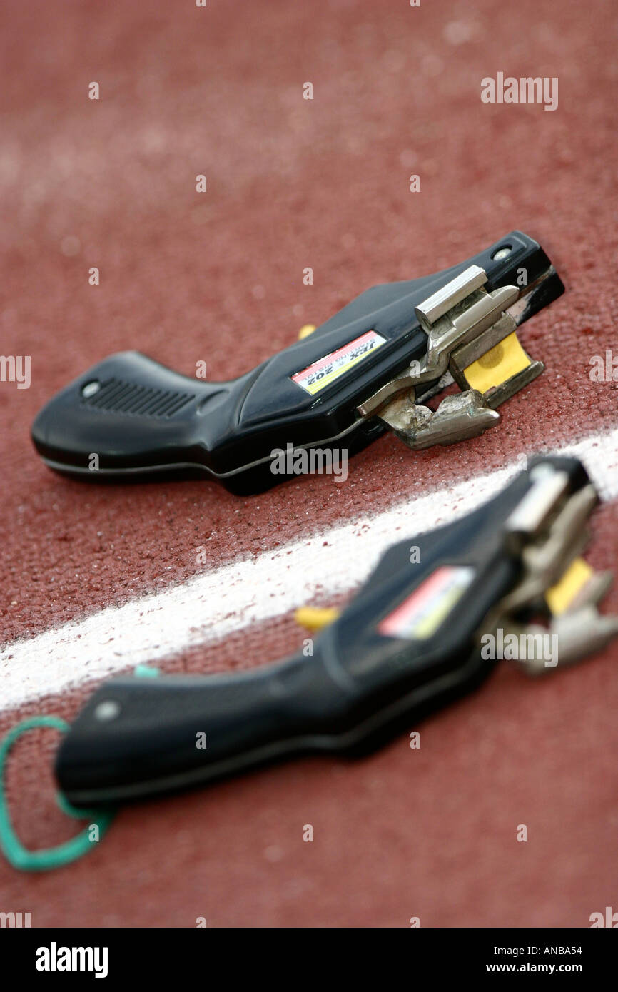 Starting pistol at an athletics event Stock Photo - Alamy
