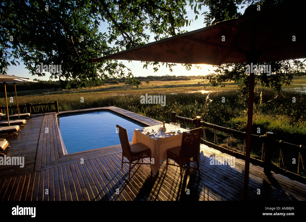 The wooden deck at Chief's camp in Moremi Game Reserve, with a table ...