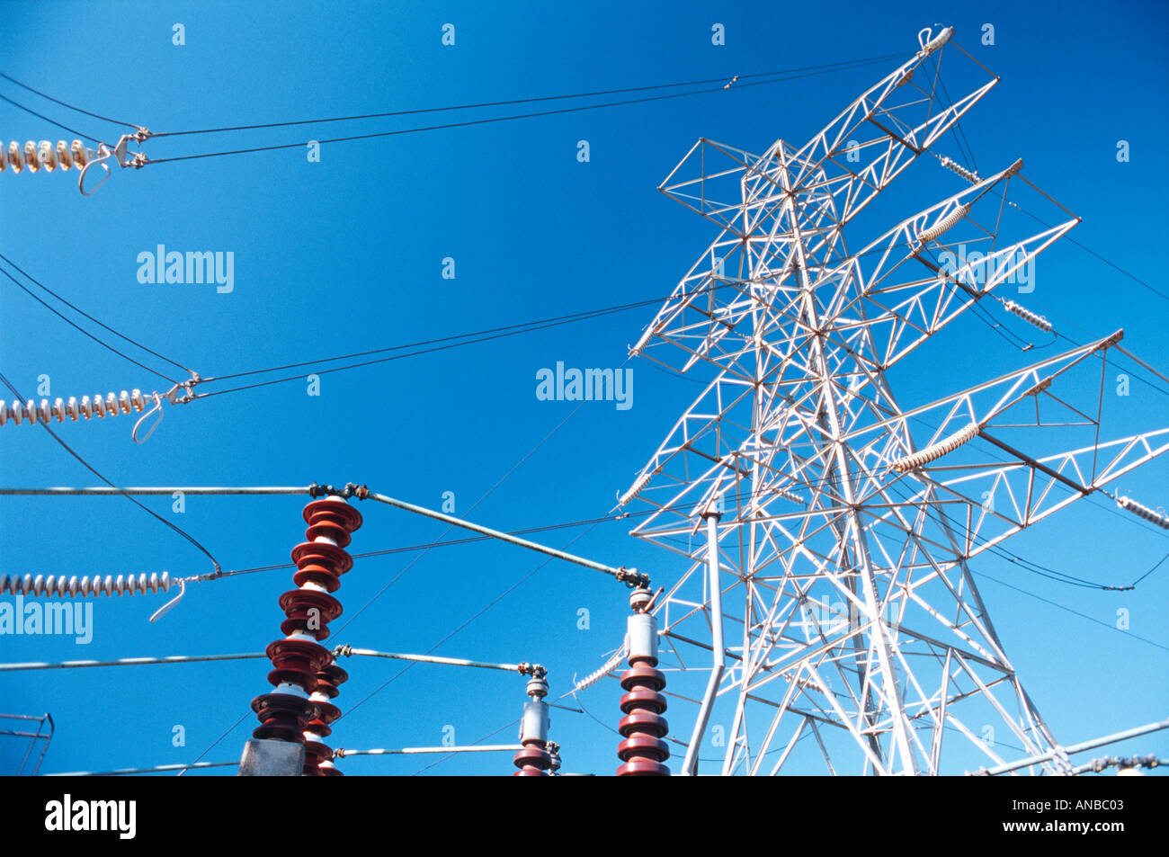 Silver electric pylon Stock Photo - Alamy