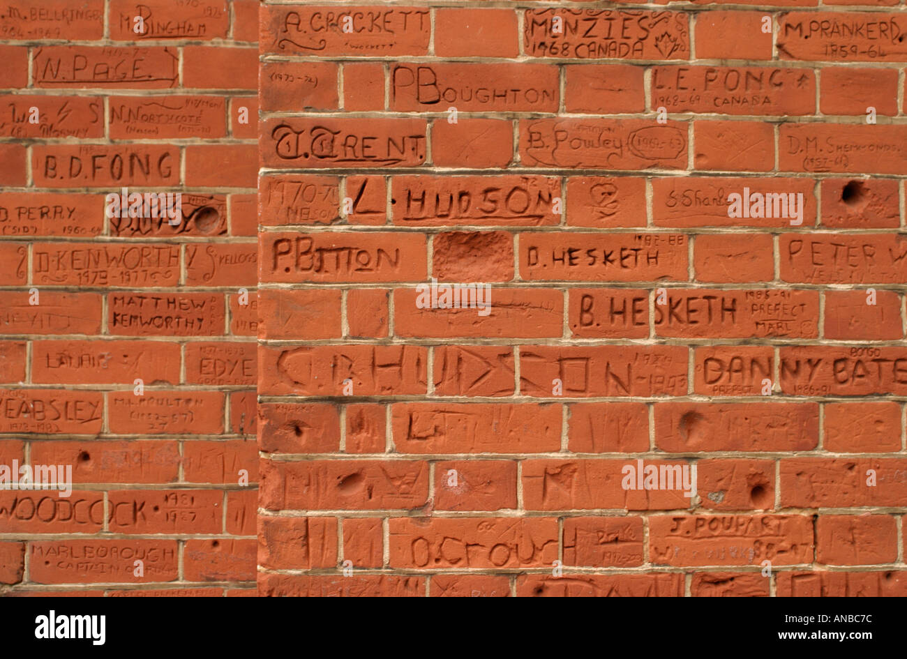 Names of schoolchildren scratched into red brick wall in playground nr ...