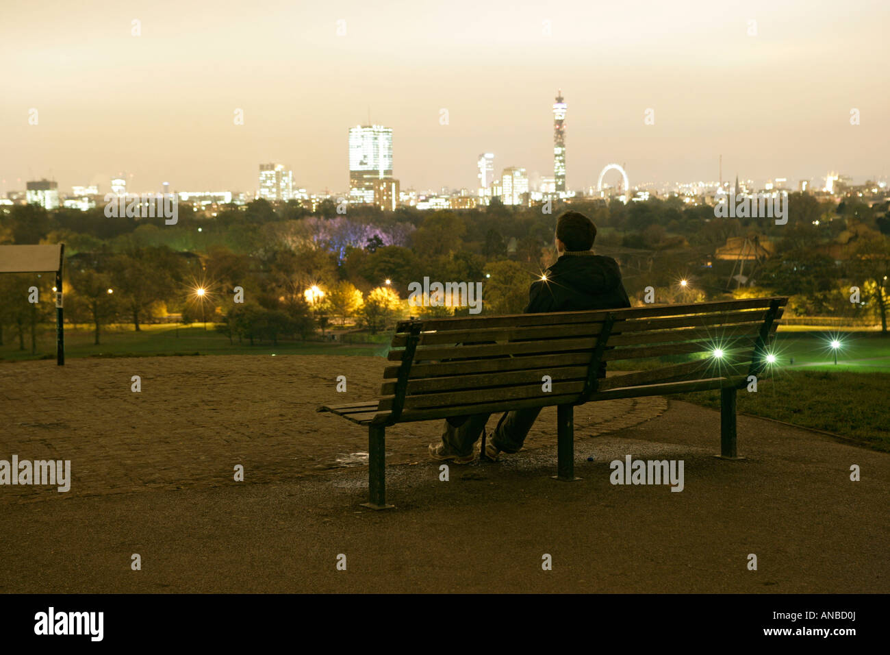 A man sat on a park bench viewing the London city skyline from a high ...