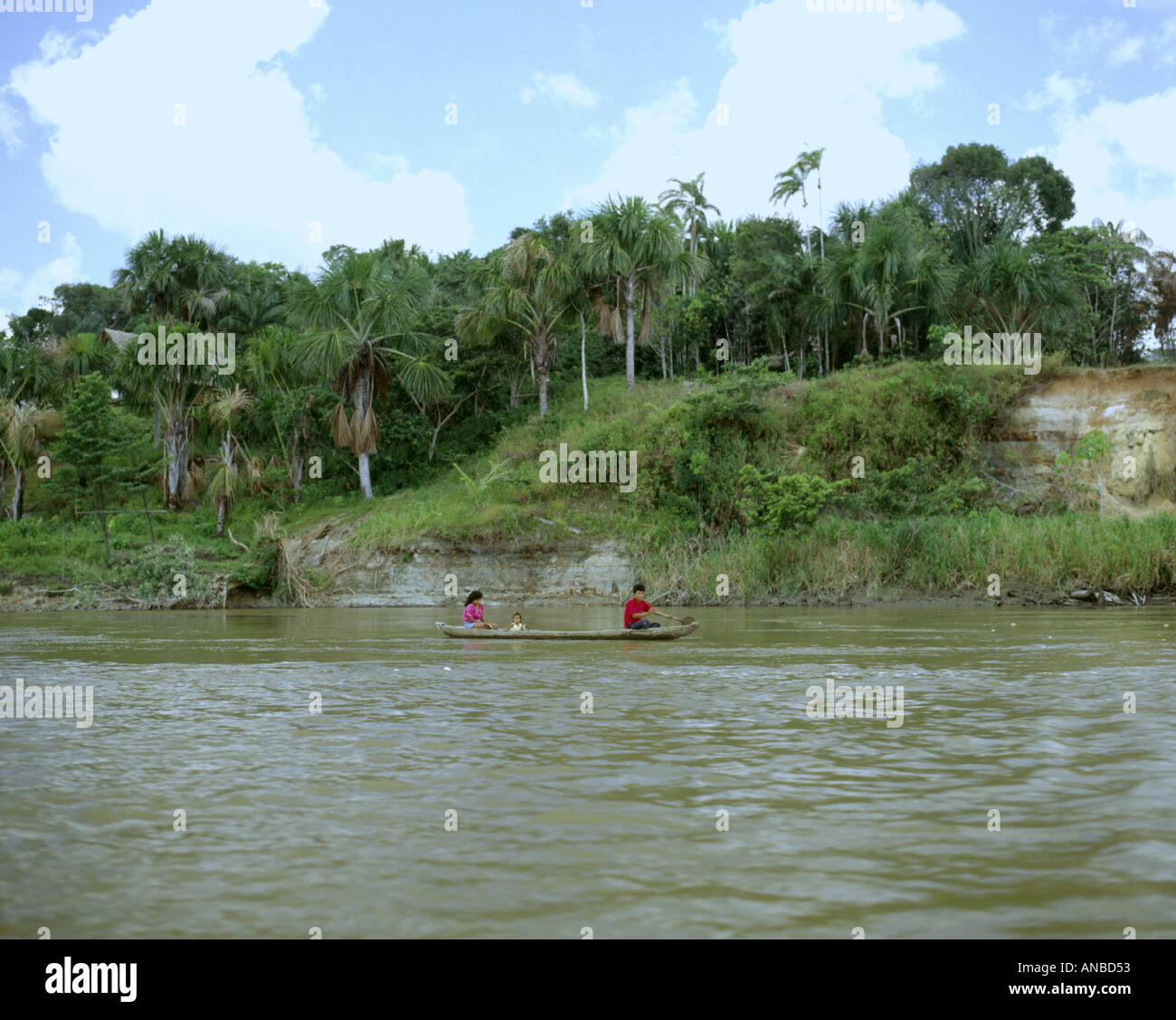 Amazon jungle Peru family paddling dugout canoe on River Napo Stock ...
