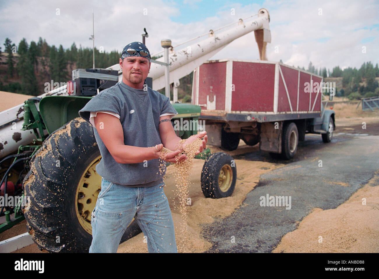 Farm worker standing in front of tractor and farm truck holding ...