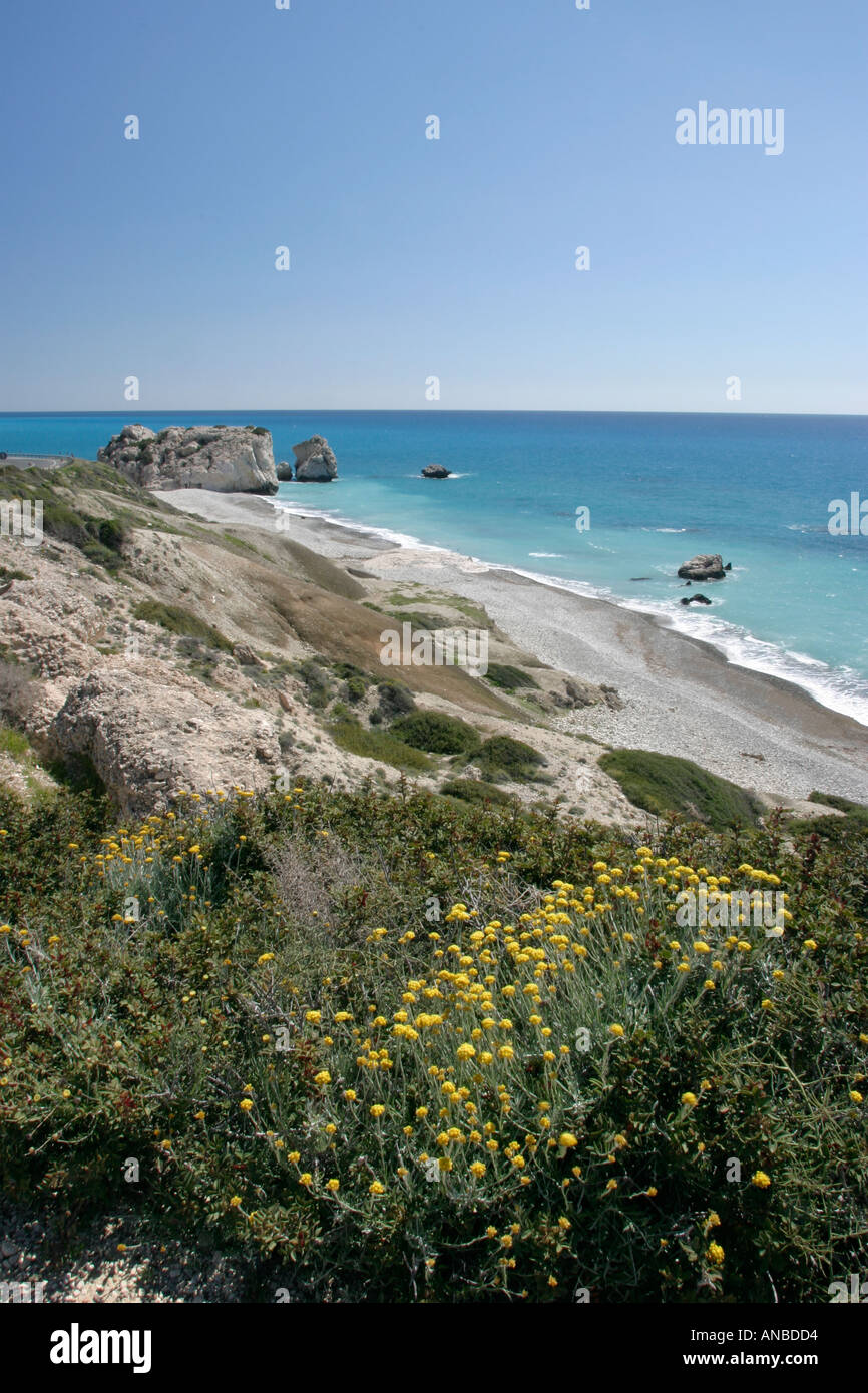 View across Aphrodite' s Beach from herb covered cliff tops Stock Photo ...