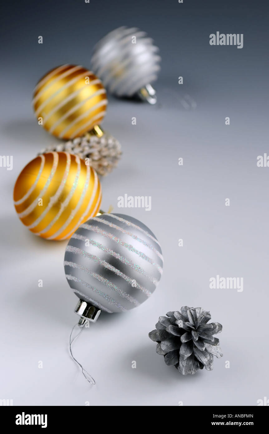 Christmas arrangement with glass bauble ornaments and pine cones Stock ...
