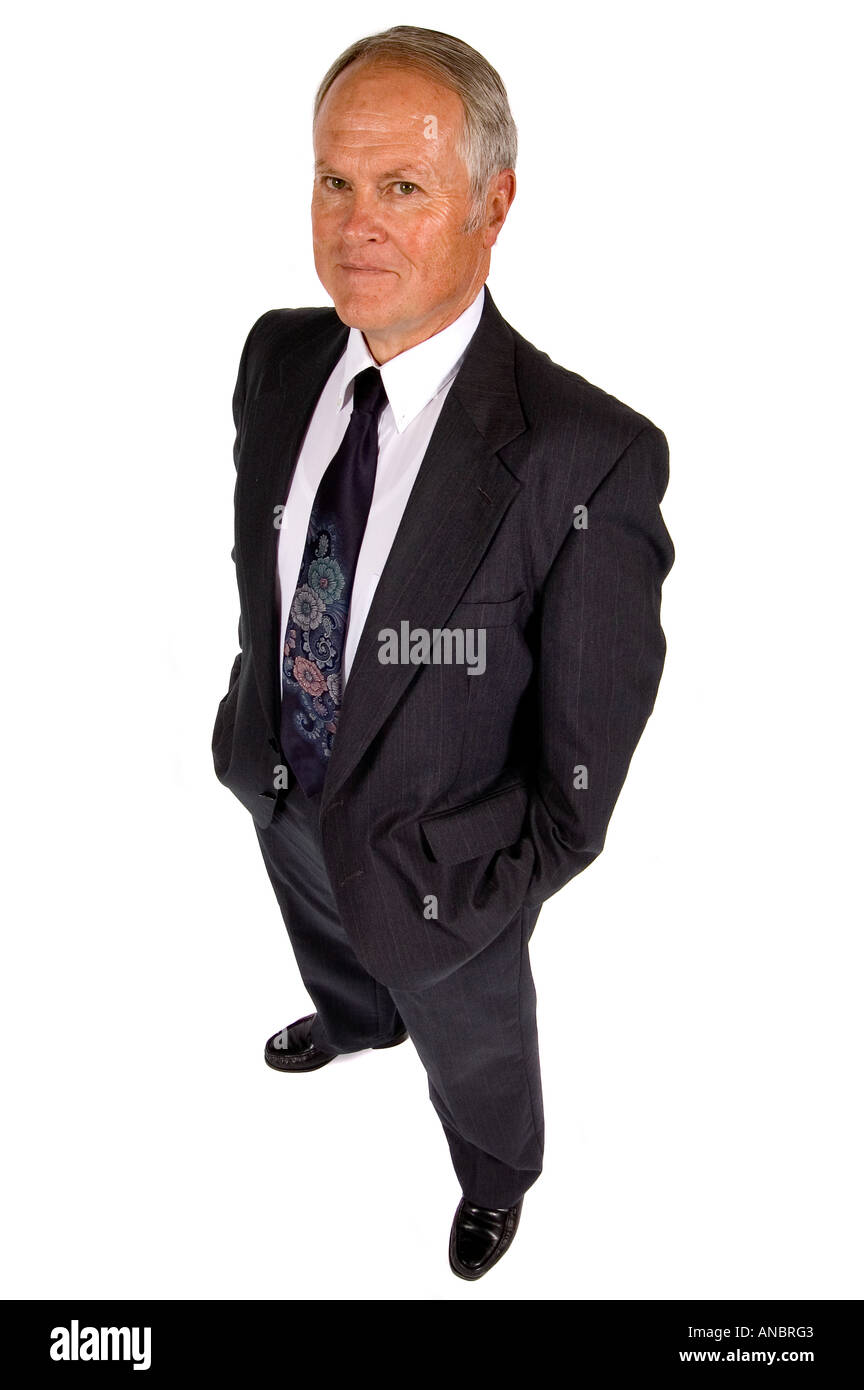 Wide shot of an executive looking straight up at the overhead camera ...