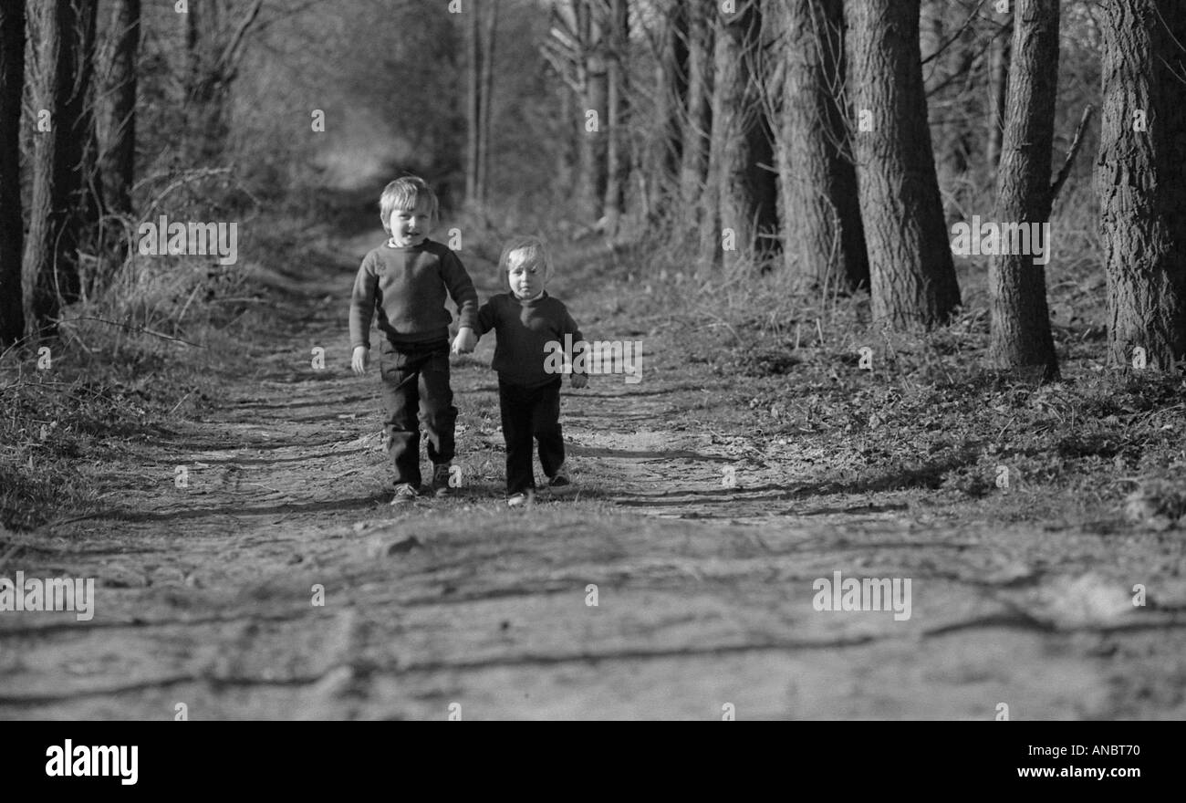 Two small boys walking towards camera along a track between two rows of ...