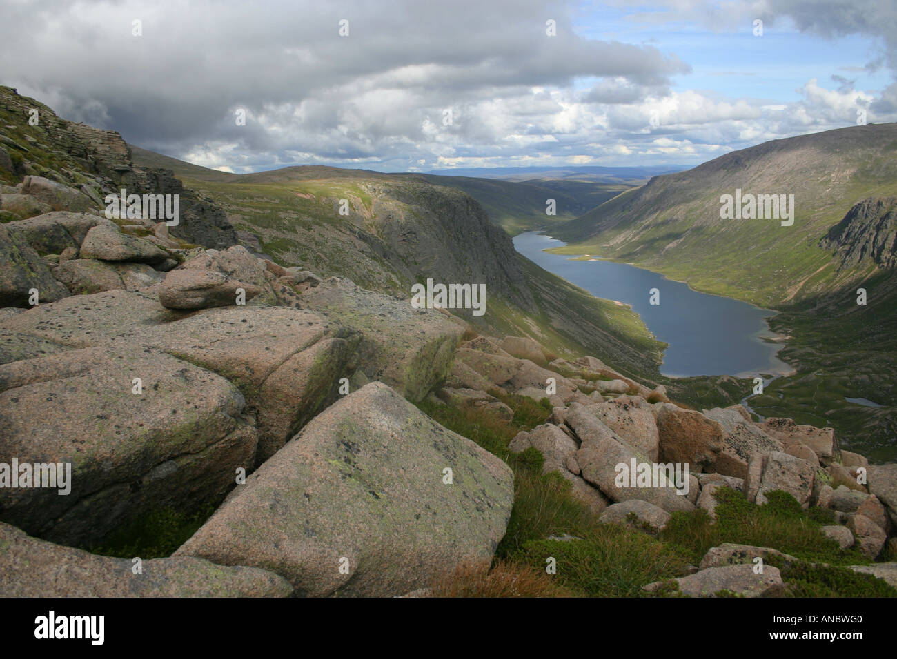 Loch Avon in the Cairngorms, with Shetler Stone Crag to the right and ...