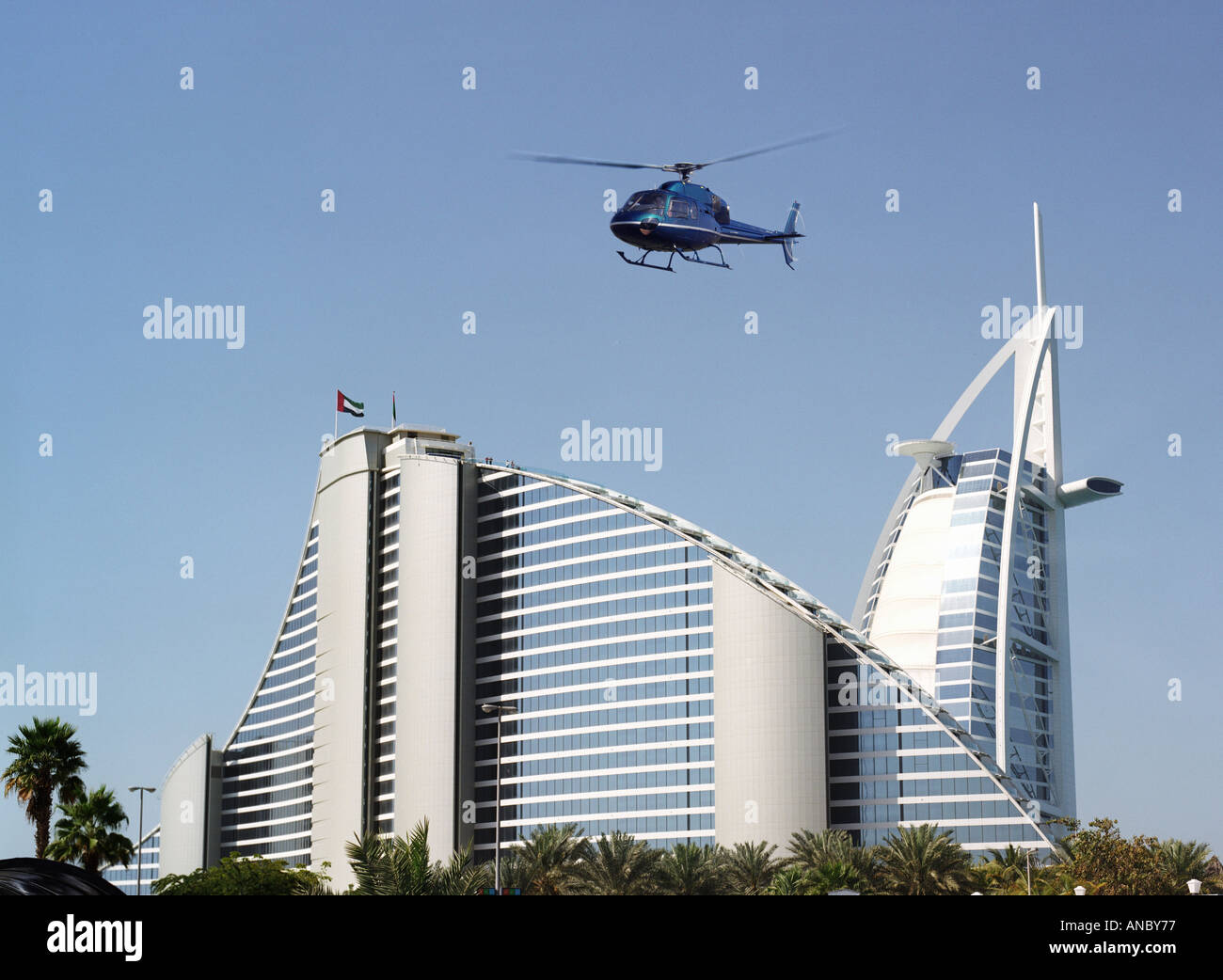 dubai Hotels with helicopter Stock Photo - Alamy