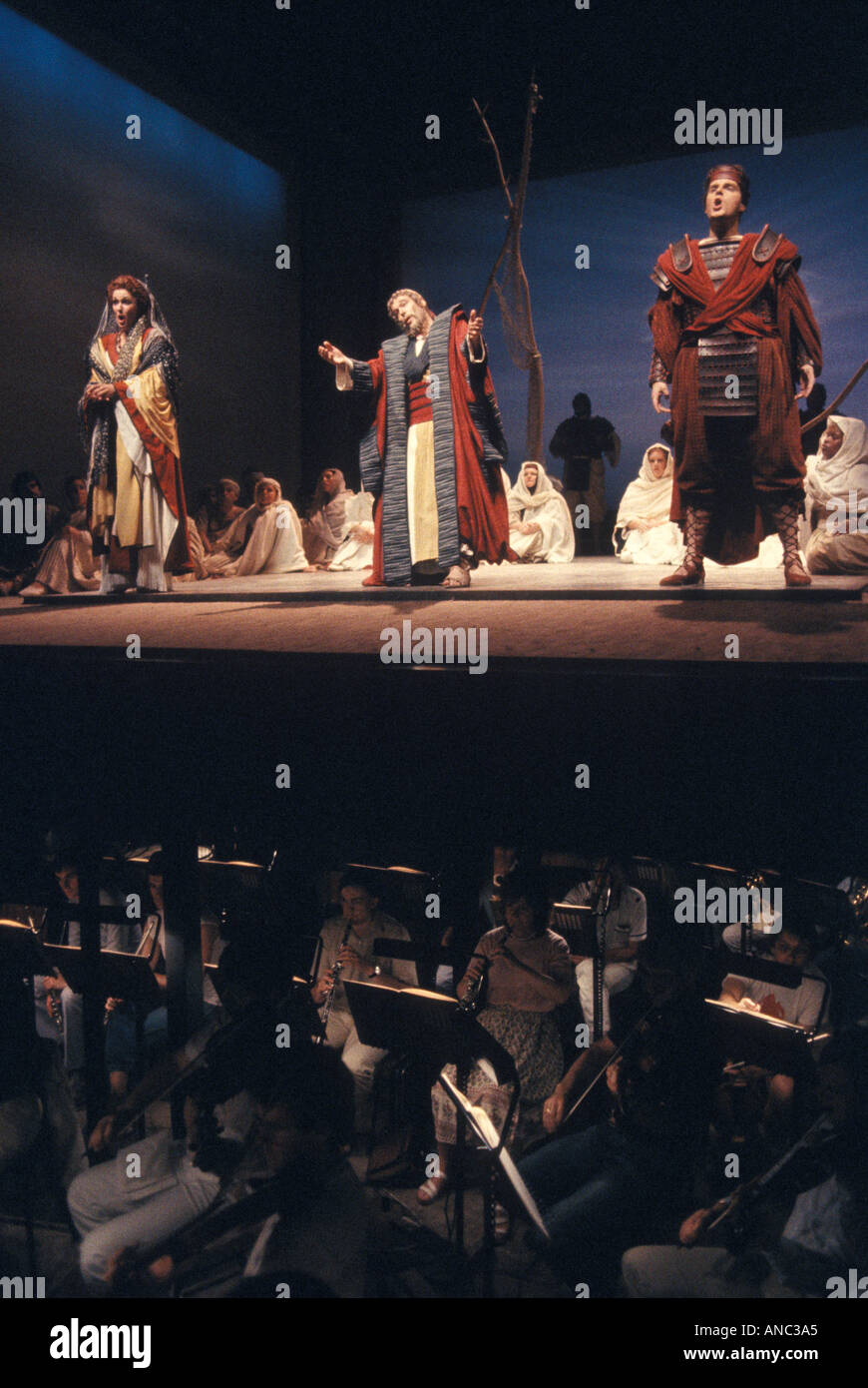 Dress rehearsal opera singers rehearsing for Idomeneo. Orchestra pit ...