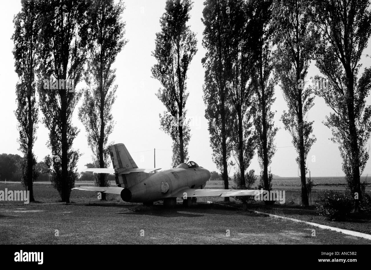 Black and white of a jet fighter from the 1950s on display in northern ...