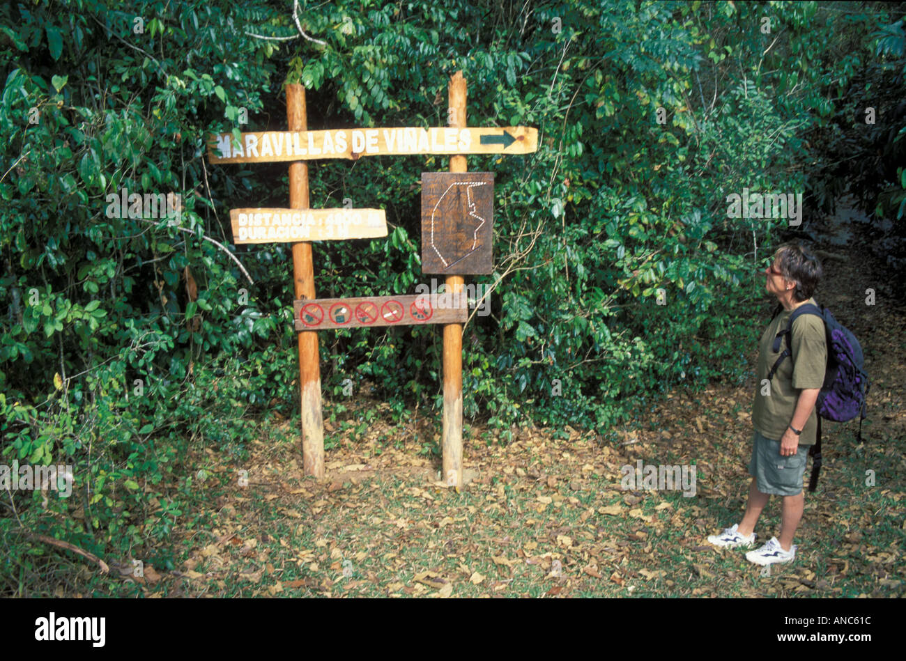 Signpost with map on trailhead of hikingtrail in Vinales Valley W Cuba ...
