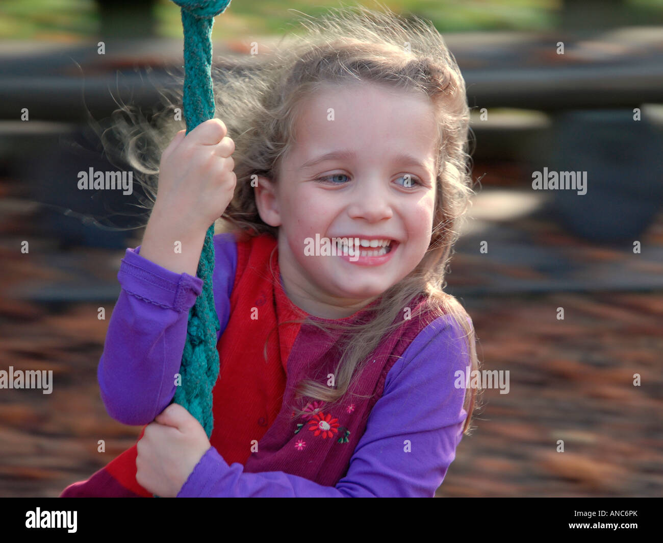 a little girl moving fast on a swing hanging on a rope Stock Photo - Alamy