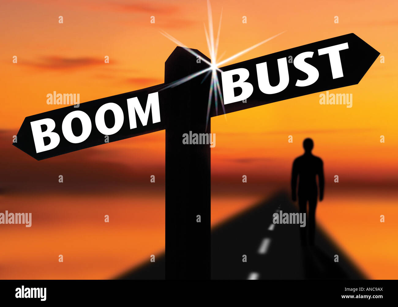 boom bust financial road sign Stock Photo - Alamy