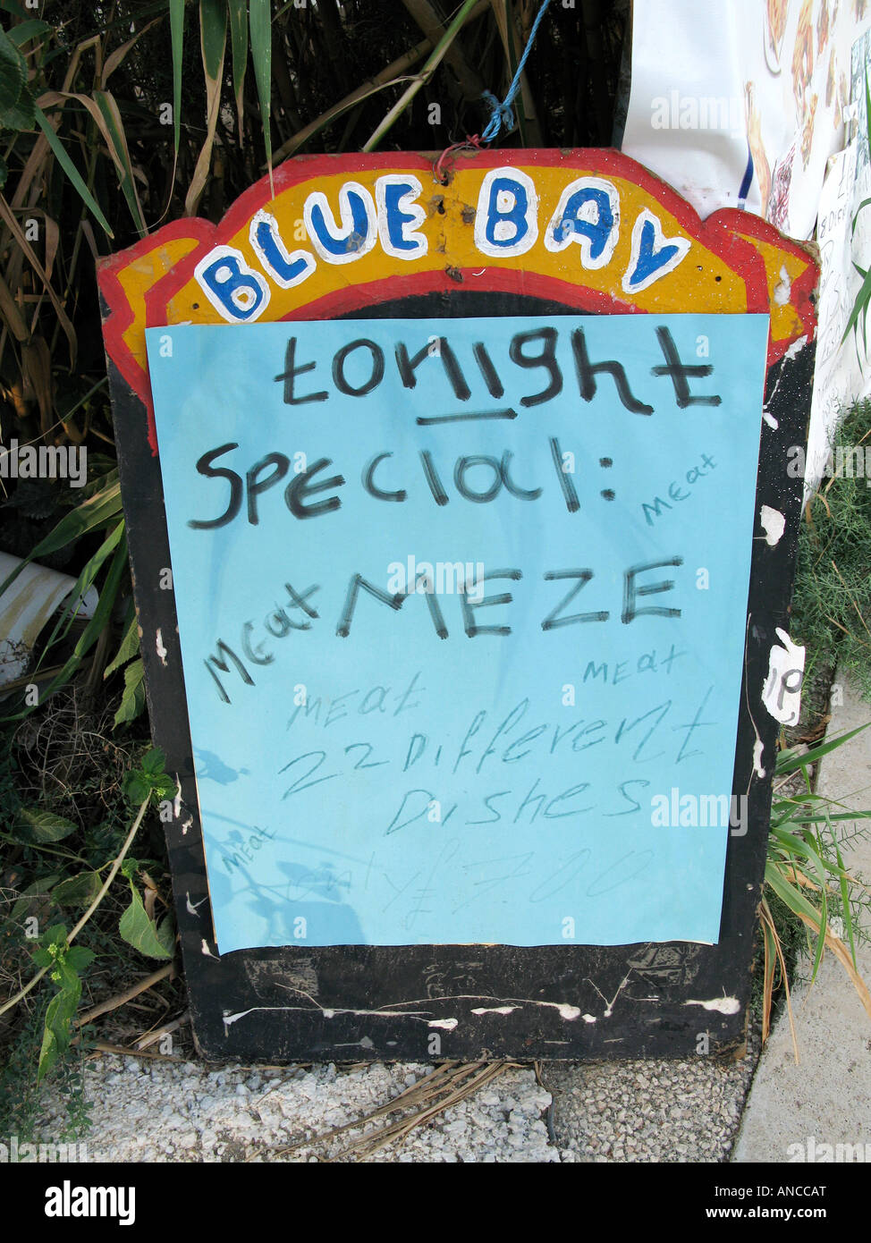 Bar sign for Blue Bay at Pernera on the Mediterranean island of Cyprus ...