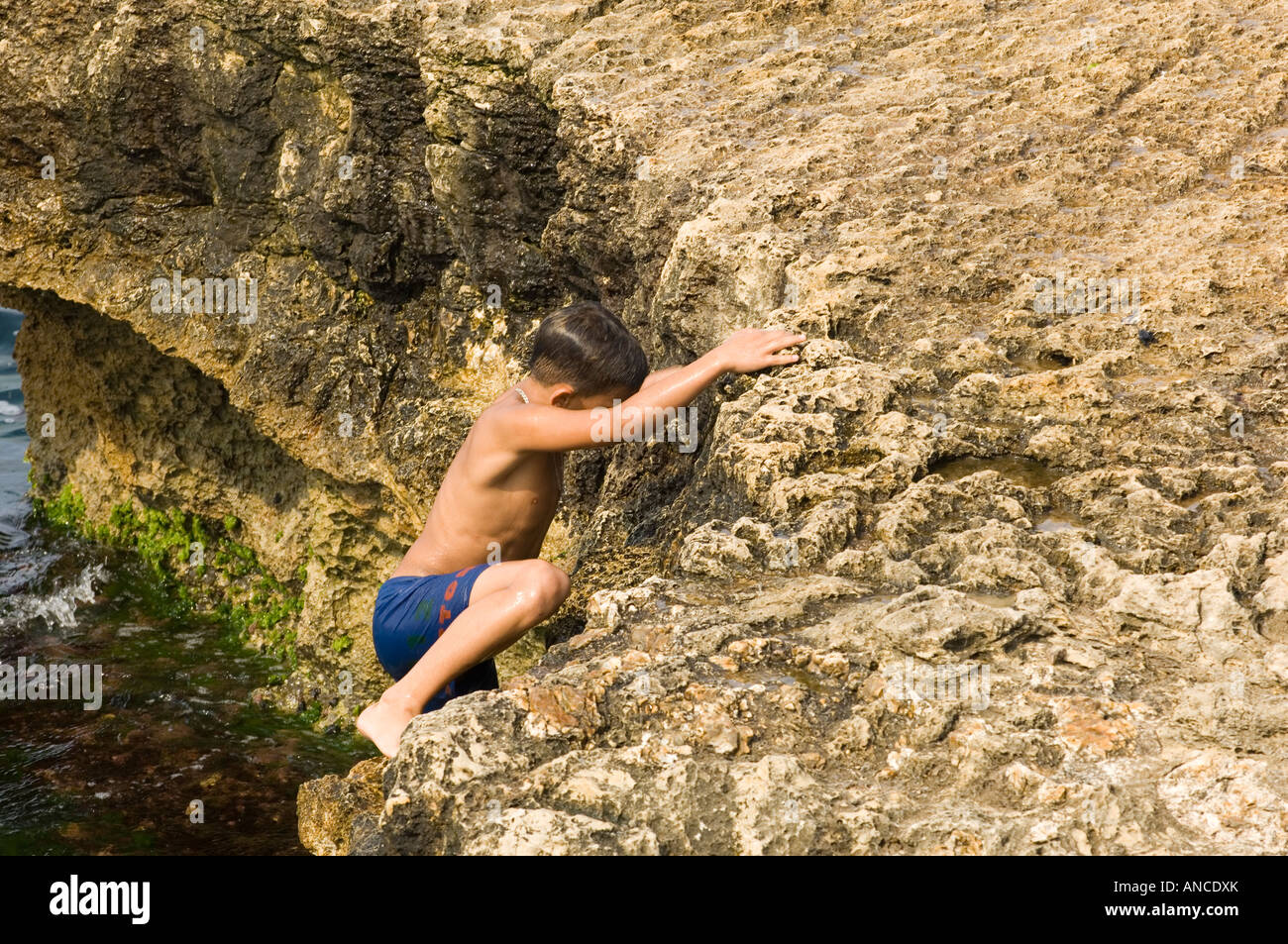 Young boy climbing rock by the seashore Stock Photo - Alamy