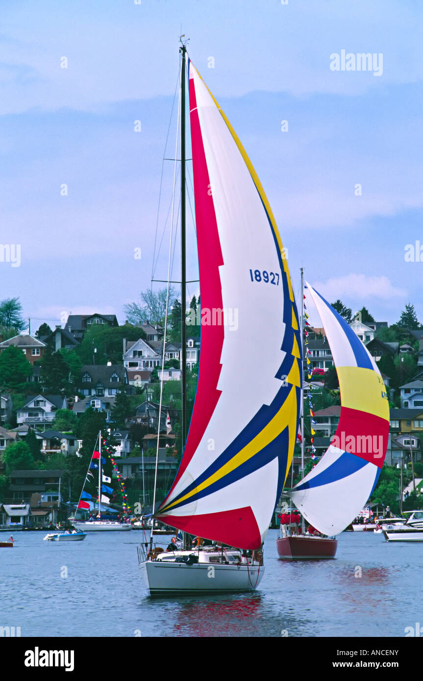 North America, USA, Washington, Seattle. Two sailboats in the Opening ...