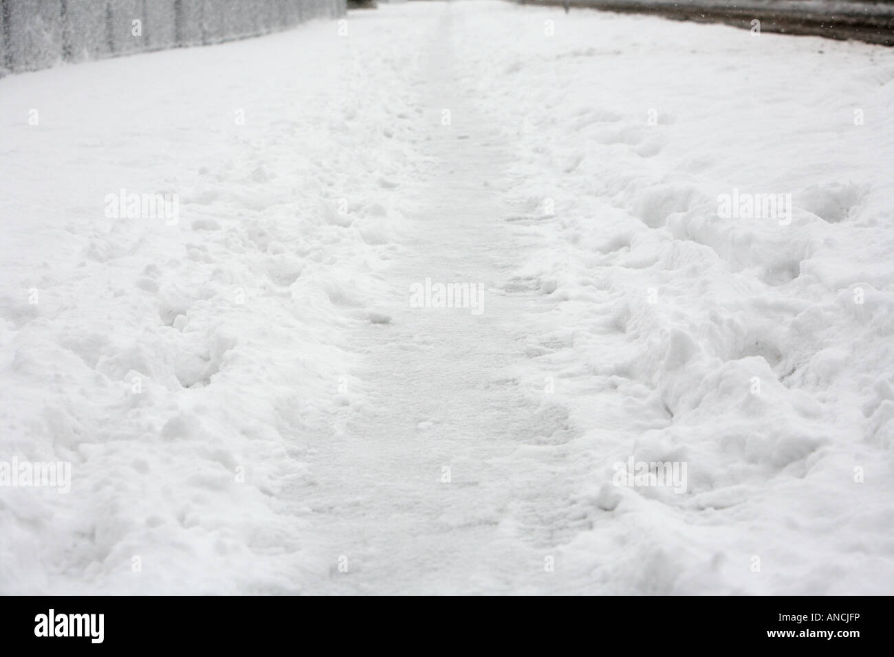 path worn through the snow on footpath creating icy path with ...