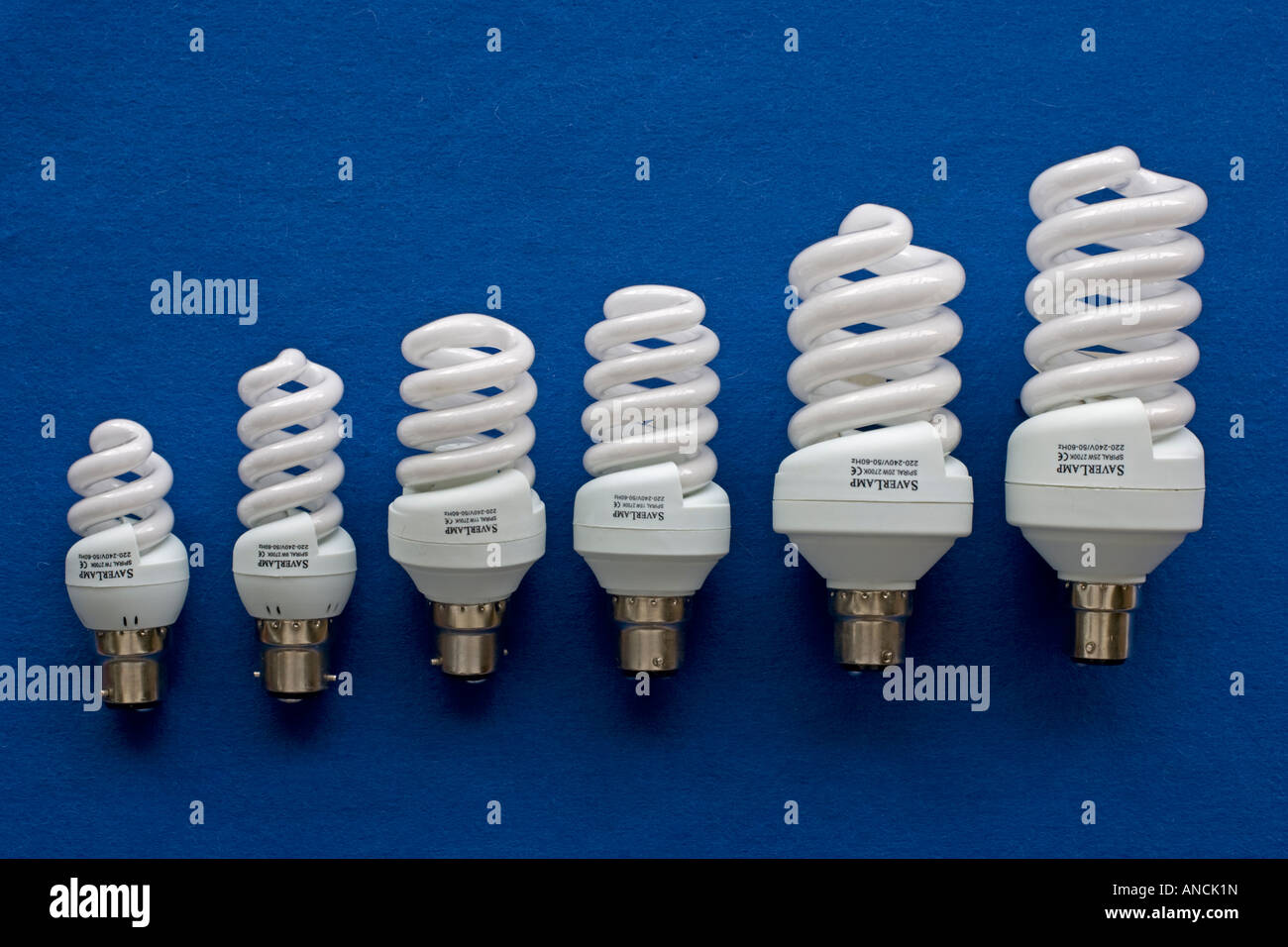 Variety of six different sized low energy spiral compact fluorescent CF ...